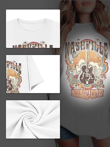 GEMLON Womens Nashville Shirts Country Music Summer Tshirts Oversized Graphic Short Sleeve Tees for Women Teen Girls White S