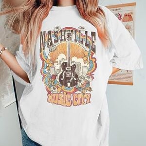 GEMLON Womens Nashville Shirts Country Music Summer Tshirts Oversized Graphic Short Sleeve Tees for Women Teen Girls White S