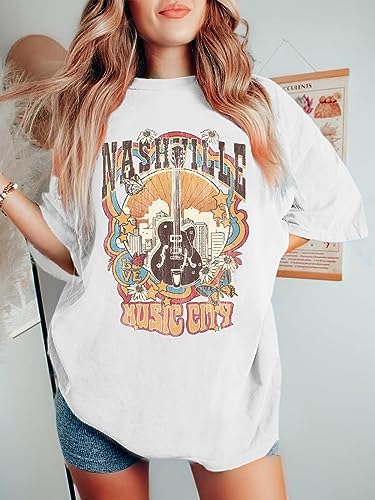 GEMLON Womens Nashville Shirts Country Music Summer Tshirts Oversized Graphic Short Sleeve Tees for Women Teen Girls White S