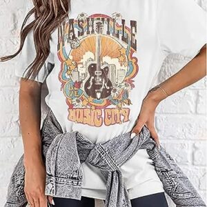 GEMLON Womens Nashville Shirts Country Music Summer Tshirts Oversized Graphic Short Sleeve Tees for Women Teen Girls White S