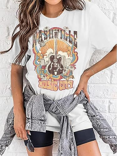 GEMLON Womens Nashville Shirts Country Music Summer Tshirts Oversized Graphic Short Sleeve Tees for Women Teen Girls White S