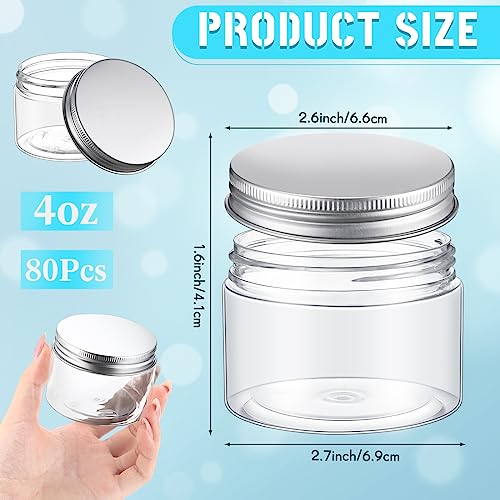 Dandat 80 Pcs 4 oz Clear Plastic Jars Containers Refillable Plastic Slime Storage Containers with Screw Round Plastic Jars with Lids Empty Food Jars Canisters for Kitchen Household Storage, Silver