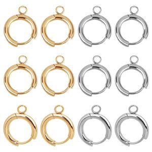 unicraftale 12pcs 2 colors 15mm diameter real 24k gold plated 201 stainless steel huggie hoop earring findings with loops metal leverback round ear ring clip stud earring hook for earring making