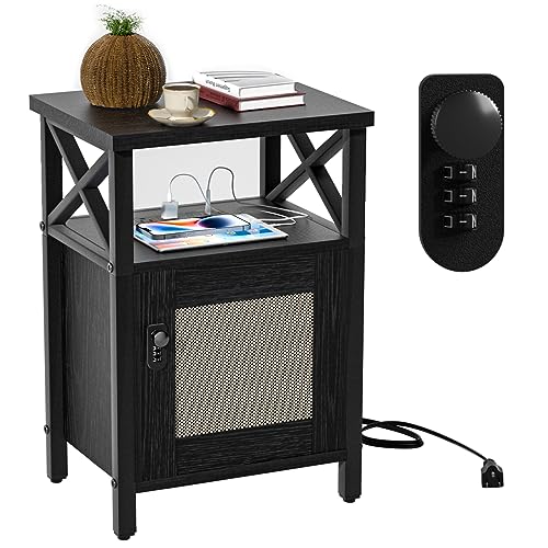 Rattan Nightstand with Combination Lock, End Table with Charging Station, Side Table with Rattan Door and Open Shelf, Modern Wooden Bedside Table for Bedroom, Living Room, Dorm