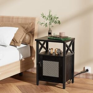 Rattan Nightstand with Combination Lock, End Table with Charging Station, Side Table with Rattan Door and Open Shelf, Modern Wooden Bedside Table for Bedroom, Living Room, Dorm