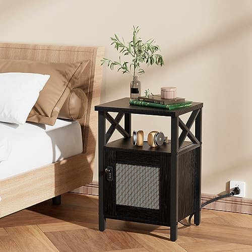 Rattan Nightstand with Combination Lock, End Table with Charging Station, Side Table with Rattan Door and Open Shelf, Modern Wooden Bedside Table for Bedroom, Living Room, Dorm