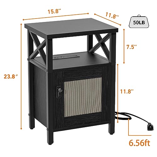 Rattan Nightstand with Combination Lock, End Table with Charging Station, Side Table with Rattan Door and Open Shelf, Modern Wooden Bedside Table for Bedroom, Living Room, Dorm