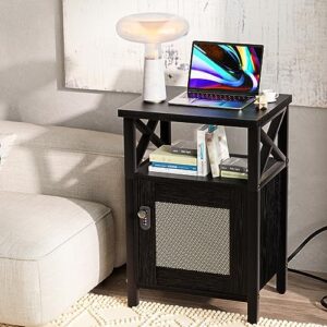 Rattan Nightstand with Combination Lock, End Table with Charging Station, Side Table with Rattan Door and Open Shelf, Modern Wooden Bedside Table for Bedroom, Living Room, Dorm