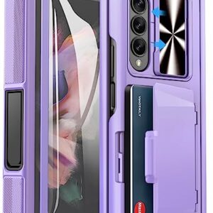 Viaotaily for Galaxy Z Fold 3 Case with Kickstand & Hinge Protection & Screen Protector, Built-in Credit Card Holder & Sliding Camera Lens Cover, Sturdy Wallet Phone Case for Samsung Z Fold 3, Purple