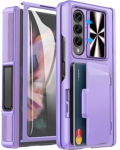 Viaotaily for Galaxy Z Fold 3 Case with Kickstand & Hinge Protection & Screen Protector, Built-in Credit Card Holder & Sliding Camera Lens Cover, Sturdy Wallet Phone Case for Samsung Z Fold 3, Purple