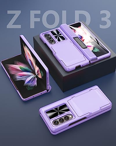 Viaotaily for Galaxy Z Fold 3 Case with Kickstand & Hinge Protection & Screen Protector, Built-in Credit Card Holder & Sliding Camera Lens Cover, Sturdy Wallet Phone Case for Samsung Z Fold 3, Purple