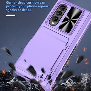 Viaotaily for Galaxy Z Fold 3 Case with Kickstand & Hinge Protection & Screen Protector, Built-in Credit Card Holder & Sliding Camera Lens Cover, Sturdy Wallet Phone Case for Samsung Z Fold 3, Purple