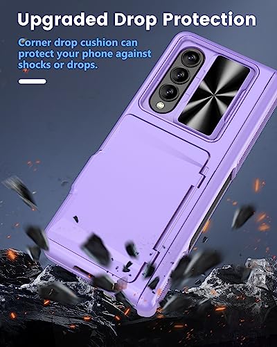 Viaotaily for Galaxy Z Fold 3 Case with Kickstand & Hinge Protection & Screen Protector, Built-in Credit Card Holder & Sliding Camera Lens Cover, Sturdy Wallet Phone Case for Samsung Z Fold 3, Purple