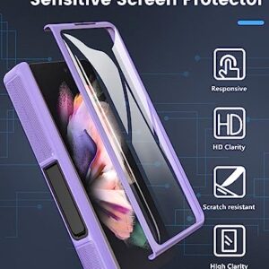 Viaotaily for Galaxy Z Fold 3 Case with Kickstand & Hinge Protection & Screen Protector, Built-in Credit Card Holder & Sliding Camera Lens Cover, Sturdy Wallet Phone Case for Samsung Z Fold 3, Purple