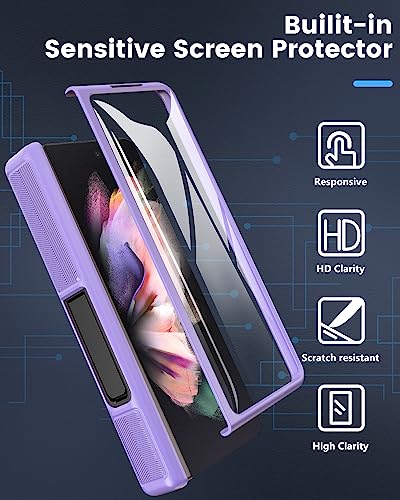 Viaotaily for Galaxy Z Fold 3 Case with Kickstand & Hinge Protection & Screen Protector, Built-in Credit Card Holder & Sliding Camera Lens Cover, Sturdy Wallet Phone Case for Samsung Z Fold 3, Purple