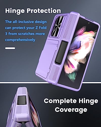 Viaotaily for Galaxy Z Fold 3 Case with Kickstand & Hinge Protection & Screen Protector, Built-in Credit Card Holder & Sliding Camera Lens Cover, Sturdy Wallet Phone Case for Samsung Z Fold 3, Purple