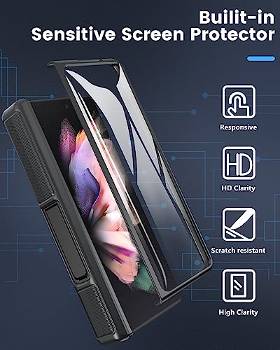 Viaotaily for Samsung Galaxy Z Fold 3 Case with Card Holder & Kickstand & Slide Camera Protection, Built-in Screen Protector & Hinge Protection, Durable Shockproof Wallet Phone Case for Z Fold 3,Black