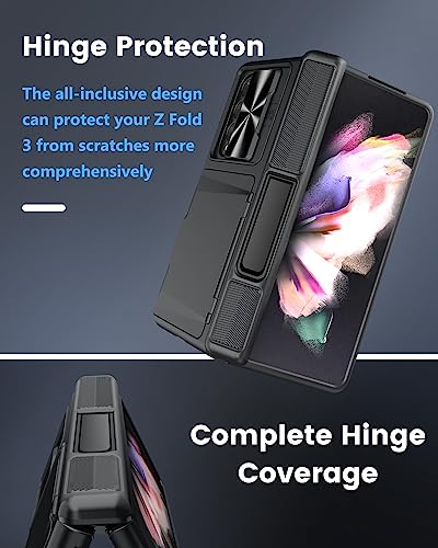 Viaotaily for Samsung Galaxy Z Fold 3 Case with Card Holder & Kickstand & Slide Camera Protection, Built-in Screen Protector & Hinge Protection, Durable Shockproof Wallet Phone Case for Z Fold 3,Black