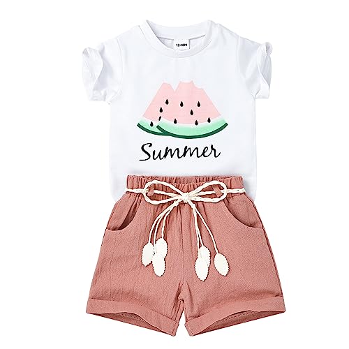 FOCUTEBB 2 Years Old Girl Clothes Toddler Girls Summer Outfits Summer Short Set Infant Toddler Girls Outfit T-shirt + Linen Shorts with Belt Cute Summer Clothes Set Watermelon Pink 2-3T