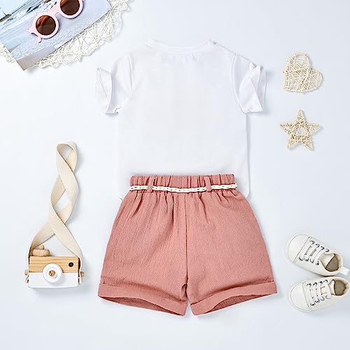 FOCUTEBB 2 Years Old Girl Clothes Toddler Girls Summer Outfits Summer Short Set Infant Toddler Girls Outfit T-shirt + Linen Shorts with Belt Cute Summer Clothes Set Watermelon Pink 2-3T