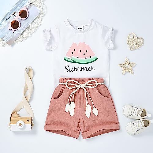 FOCUTEBB 2 Years Old Girl Clothes Toddler Girls Summer Outfits Summer Short Set Infant Toddler Girls Outfit T-shirt + Linen Shorts with Belt Cute Summer Clothes Set Watermelon Pink 2-3T