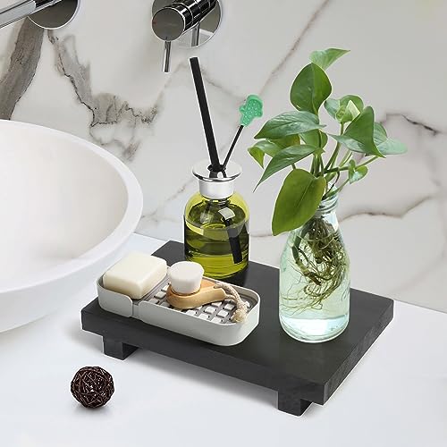 ElfBello Wood Riser for Decor, Handmade Wood Pedestal Stand Soap Tray for Kitchen Counter Sink, Decorative Wooden Risers Bathroom Tray, Farmhouse Bathroom Counter Decor, Wood Tray for Display, Black