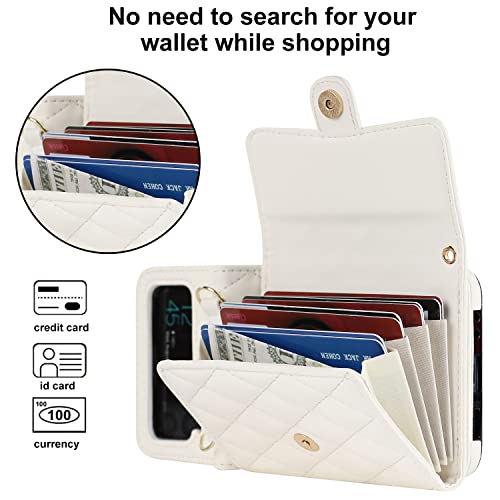 XNXCEVI Crossbody Wallet Case for Samsung Galaxy Z Flip 3 with RFID Blocking Card Slot, Magnetic Flip Case PU Leather Handbag with Detachable Lanyard and Kickstand for Galaxy Z Flip3 5G (White)