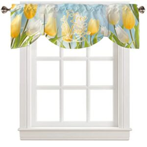 Sabolny Tulip Floral Tie Up Valance Curtain for Kitchen Living Room Bedroom Bathroom Cafe, Rod Pocket Small Short Window Drape Panel Adjustable Drapary Print, Spring Gold White Flower Bow 60"x18"