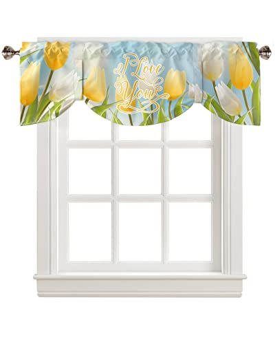 Sabolny Tulip Floral Tie Up Valance Curtain for Kitchen Living Room Bedroom Bathroom Cafe, Rod Pocket Small Short Window Drape Panel Adjustable Drapary Print, Spring Gold White Flower Bow 60"x18"