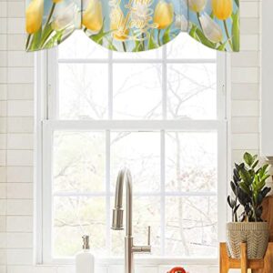 Sabolny Tulip Floral Tie Up Valance Curtain for Kitchen Living Room Bedroom Bathroom Cafe, Rod Pocket Small Short Window Drape Panel Adjustable Drapary Print, Spring Gold White Flower Bow 60"x18"