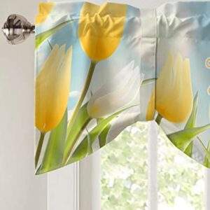 Sabolny Tulip Floral Tie Up Valance Curtain for Kitchen Living Room Bedroom Bathroom Cafe, Rod Pocket Small Short Window Drape Panel Adjustable Drapary Print, Spring Gold White Flower Bow 60"x18"