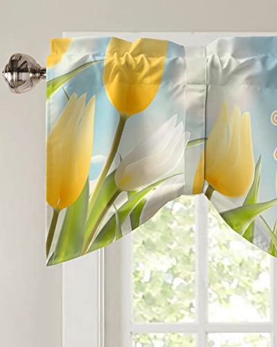 Sabolny Tulip Floral Tie Up Valance Curtain for Kitchen Living Room Bedroom Bathroom Cafe, Rod Pocket Small Short Window Drape Panel Adjustable Drapary Print, Spring Gold White Flower Bow 60"x18"