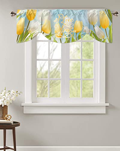 Sabolny Tulip Floral Tie Up Valance Curtain for Kitchen Living Room Bedroom Bathroom Cafe, Rod Pocket Small Short Window Drape Panel Adjustable Drapary Print, Spring Gold White Flower Bow 60"x18"