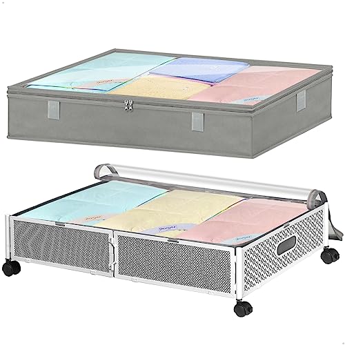 punemi Under Bed Storage With Wheels And Lid & Removable Bags, 1Pcs Rolling Underbed Storage & Handle, Metal Underbed Storage Containers For Clothes Toys Blankets,Bedroom, Tool-Free Assembly，White