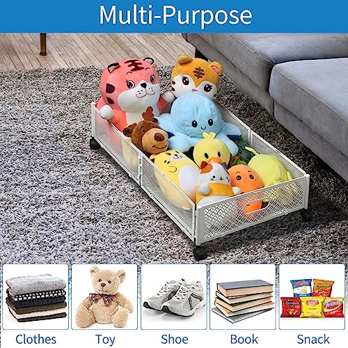 punemi Under Bed Storage With Wheels And Lid & Removable Bags, 1Pcs Rolling Underbed Storage & Handle, Metal Underbed Storage Containers For Clothes Toys Blankets,Bedroom, Tool-Free Assembly，White