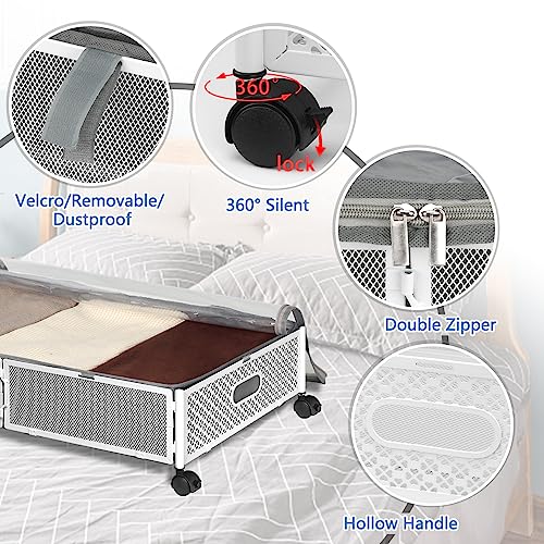 punemi Under Bed Storage With Wheels And Lid & Removable Bags, 1Pcs Rolling Underbed Storage & Handle, Metal Underbed Storage Containers For Clothes Toys Blankets,Bedroom, Tool-Free Assembly，White