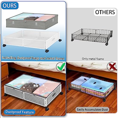 punemi Under Bed Storage With Wheels And Lid & Removable Bags, 1Pcs Rolling Underbed Storage & Handle, Metal Underbed Storage Containers For Clothes Toys Blankets,Bedroom, Tool-Free Assembly，White