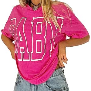 Verdusa Women's Oversized T Shirt Letter Graphic Drop Shoulder Round Neck Tee Top Hot Pink S