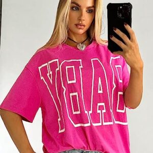 Verdusa Women's Oversized T Shirt Letter Graphic Drop Shoulder Round Neck Tee Top Hot Pink S