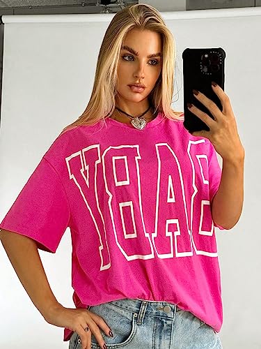 Verdusa Women's Oversized T Shirt Letter Graphic Drop Shoulder Round Neck Tee Top Hot Pink S