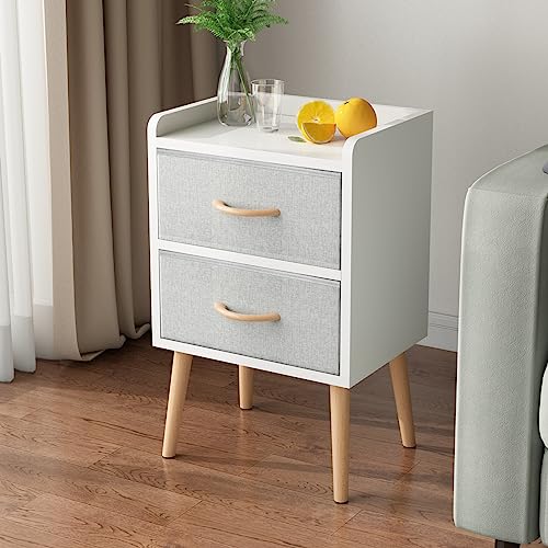 LUCKNOCK NightStand with 2 Fabric Drawers, Bedside Table with Solid Wood Legs, Minimalist and Practical End Side Table for Bedroom, White.