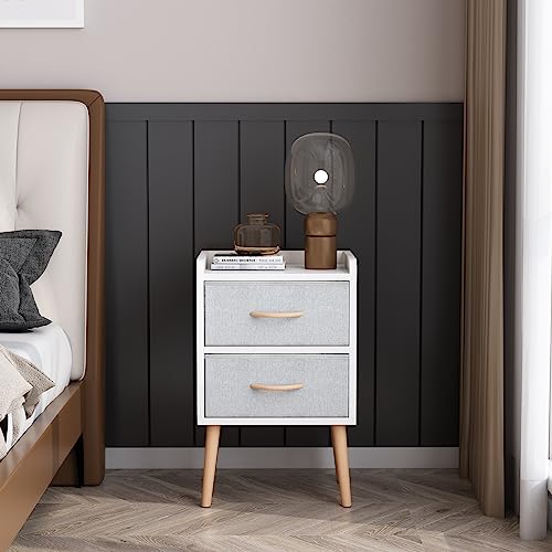 LUCKNOCK NightStand with 2 Fabric Drawers, Bedside Table with Solid Wood Legs, Minimalist and Practical End Side Table for Bedroom, White.