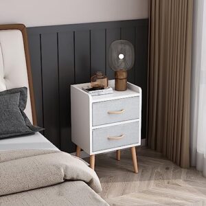 LUCKNOCK NightStand with 2 Fabric Drawers, Bedside Table with Solid Wood Legs, Minimalist and Practical End Side Table for Bedroom, White.