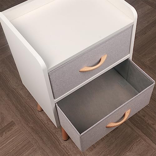 LUCKNOCK NightStand with 2 Fabric Drawers, Bedside Table with Solid Wood Legs, Minimalist and Practical End Side Table for Bedroom, White.