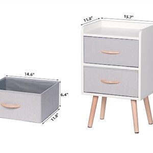 LUCKNOCK NightStand with 2 Fabric Drawers, Bedside Table with Solid Wood Legs, Minimalist and Practical End Side Table for Bedroom, White.