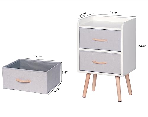 LUCKNOCK NightStand with 2 Fabric Drawers, Bedside Table with Solid Wood Legs, Minimalist and Practical End Side Table for Bedroom, White.