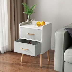 LUCKNOCK NightStand with 2 Fabric Drawers, Bedside Table with Solid Wood Legs, Minimalist and Practical End Side Table for Bedroom, White.