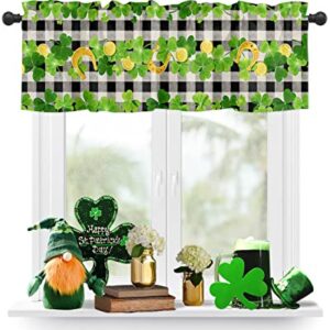 Curtain Valance for Windows St. Patrick's Day Clover Leaf Horseshoe Gold Kitchen Valances Rod Pocket Short Curtains,Black White Plaid Window Treatment Panel for Living Room Bathroom Bedroom 42x12in