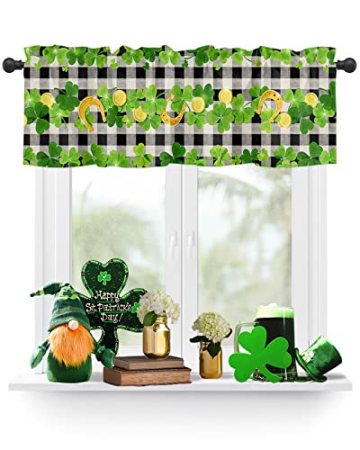 Curtain Valance for Windows St. Patrick's Day Clover Leaf Horseshoe Gold Kitchen Valances Rod Pocket Short Curtains,Black White Plaid Window Treatment Panel for Living Room Bathroom Bedroom 42x12in