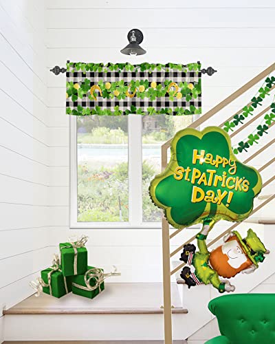 Curtain Valance for Windows St. Patrick's Day Clover Leaf Horseshoe Gold Kitchen Valances Rod Pocket Short Curtains,Black White Plaid Window Treatment Panel for Living Room Bathroom Bedroom 42x12in